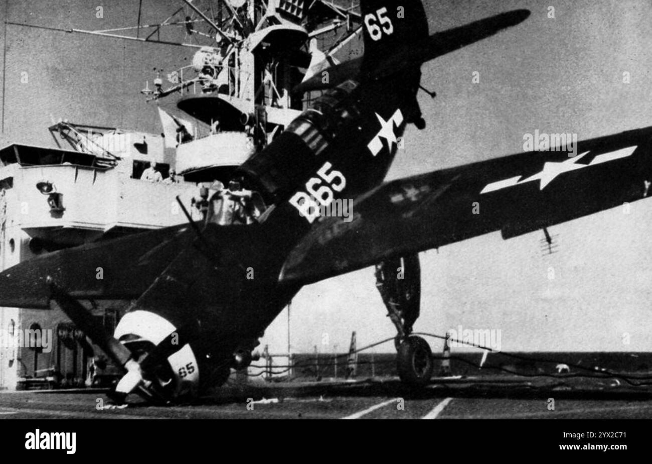 Curtiss SB2C Helldiver after hitting the crash barrier aboard USS ...