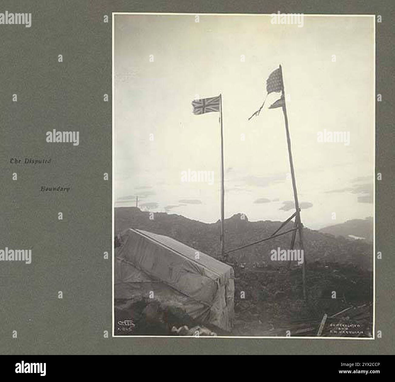 Custom house and British and American flags at the boundary of British ...