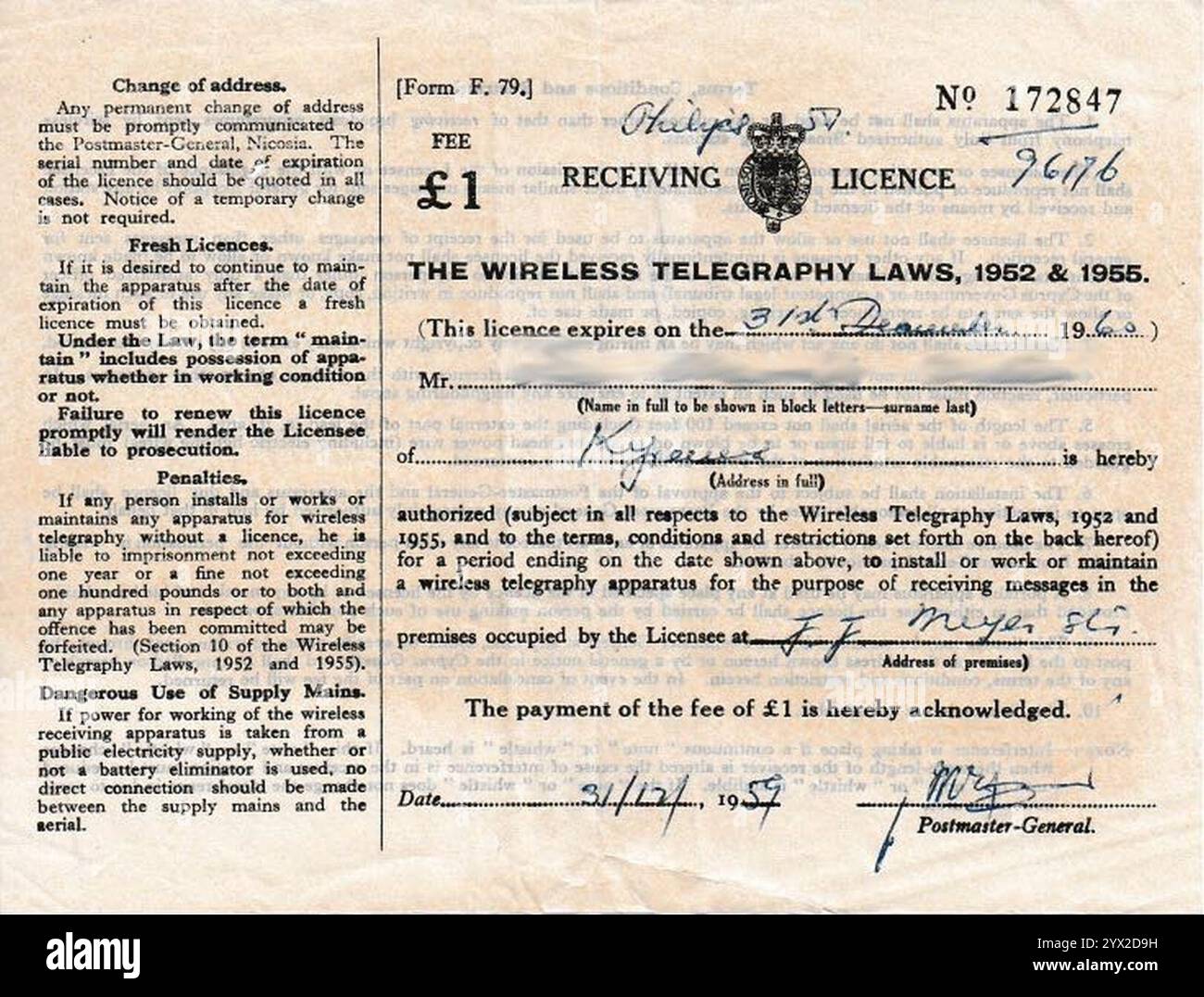 Cypriot Radio Receiving License (1959 Stock Photo - Alamy