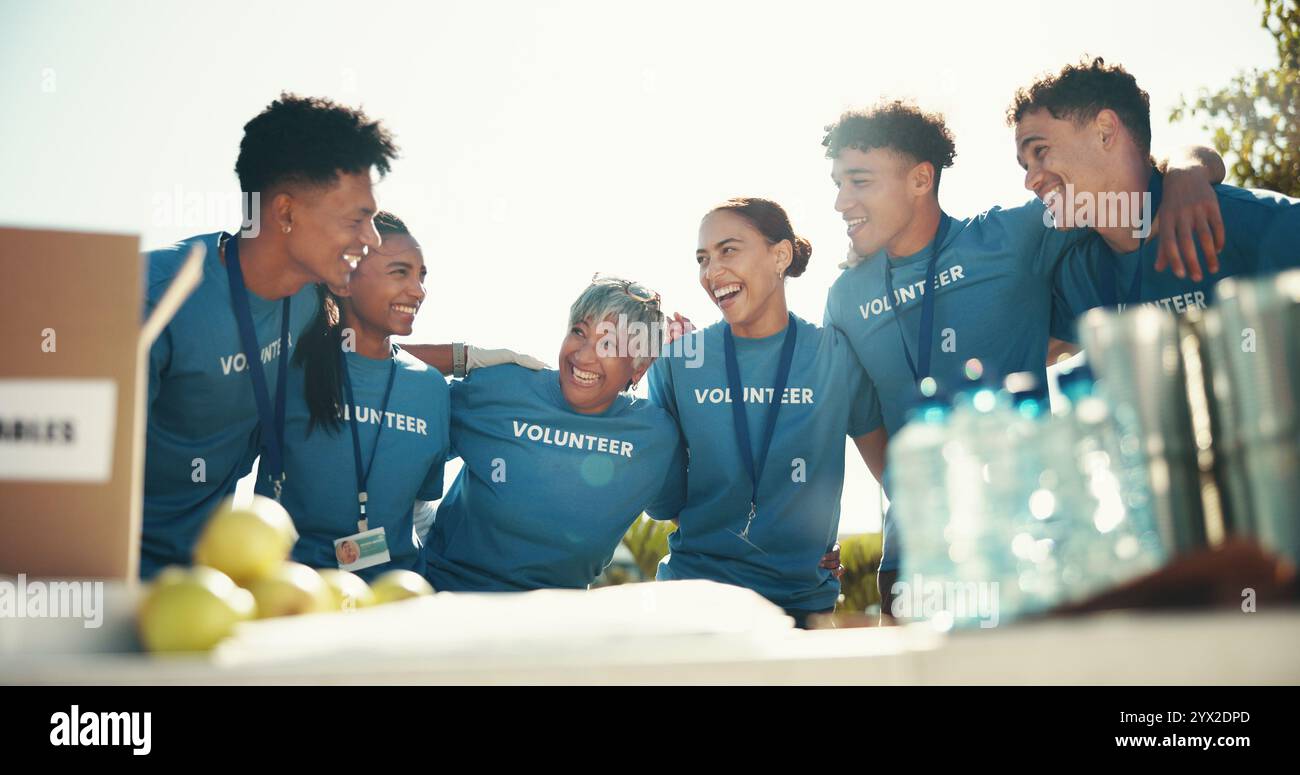 Unity, happy and group of volunteers, ngo and kindness for charity ...