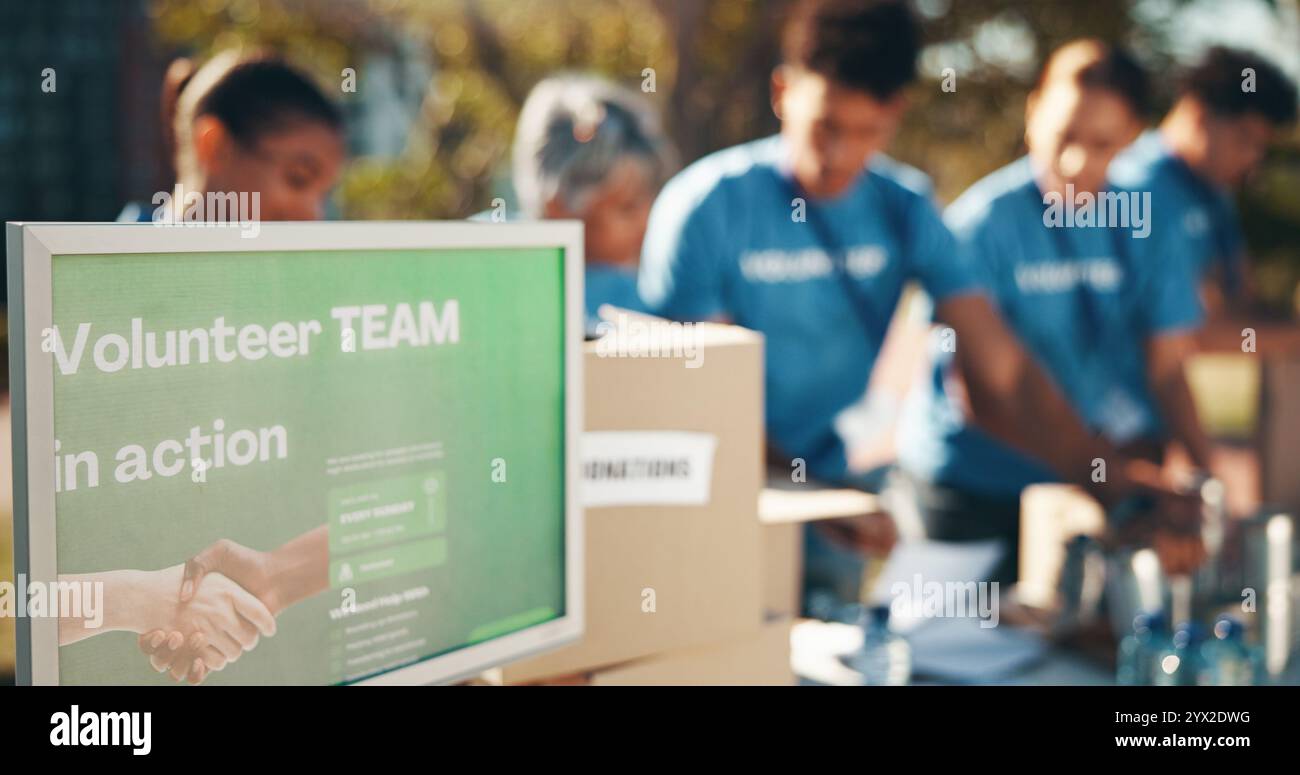 Charity, information and sign with volunteer group outdoor in park for ...