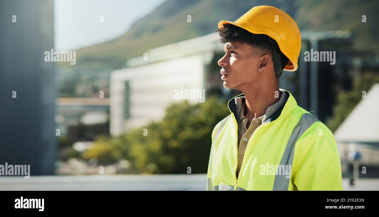 Construction, thinking and man on building in city for site inspection ...