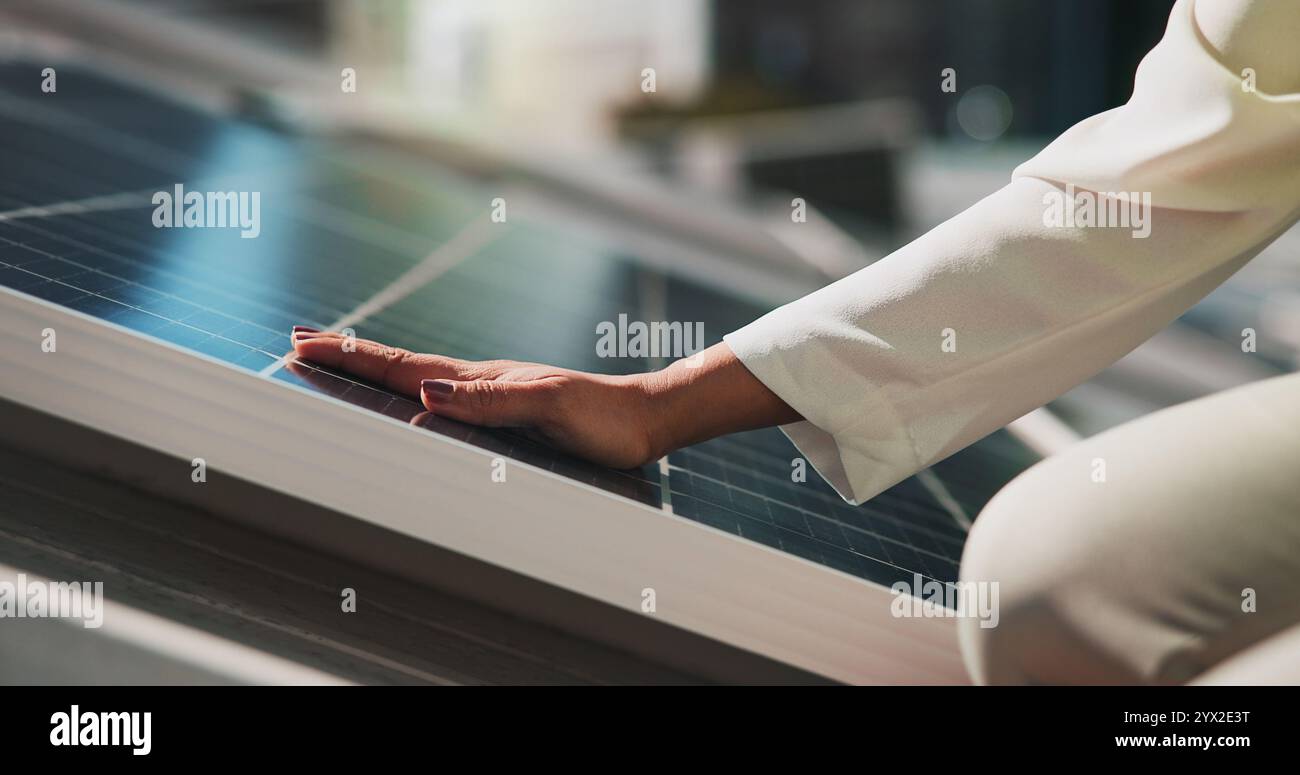 Solar panels, hands and grid with person in city for photovoltaic cell ...