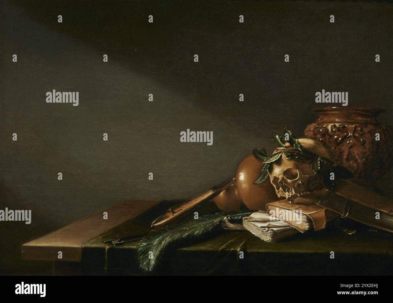 D. Witting - Vanitas still life with a skull, books, string instrument ...