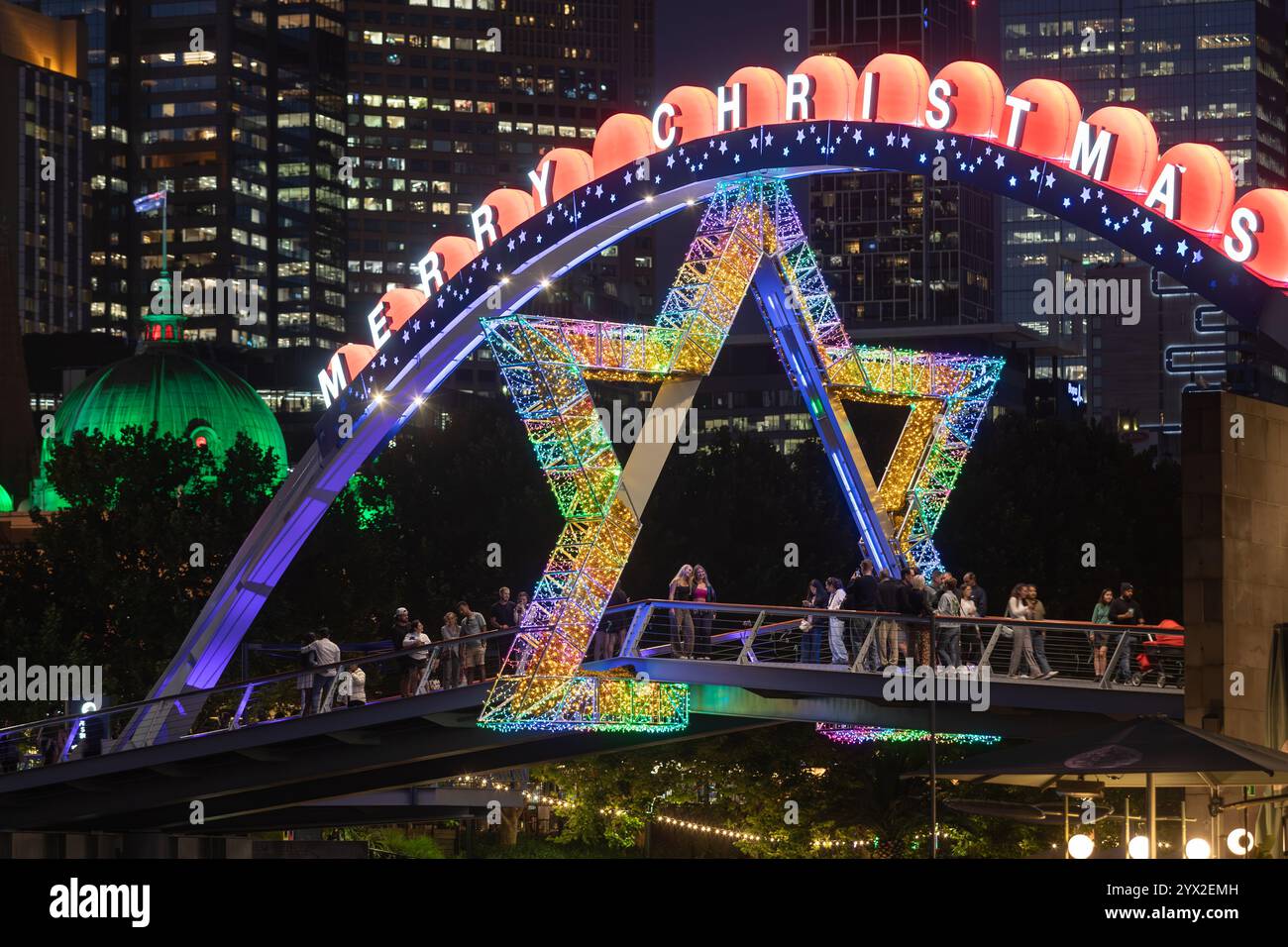 Melbourne Australia. Christmas decorations light up the city at night ...