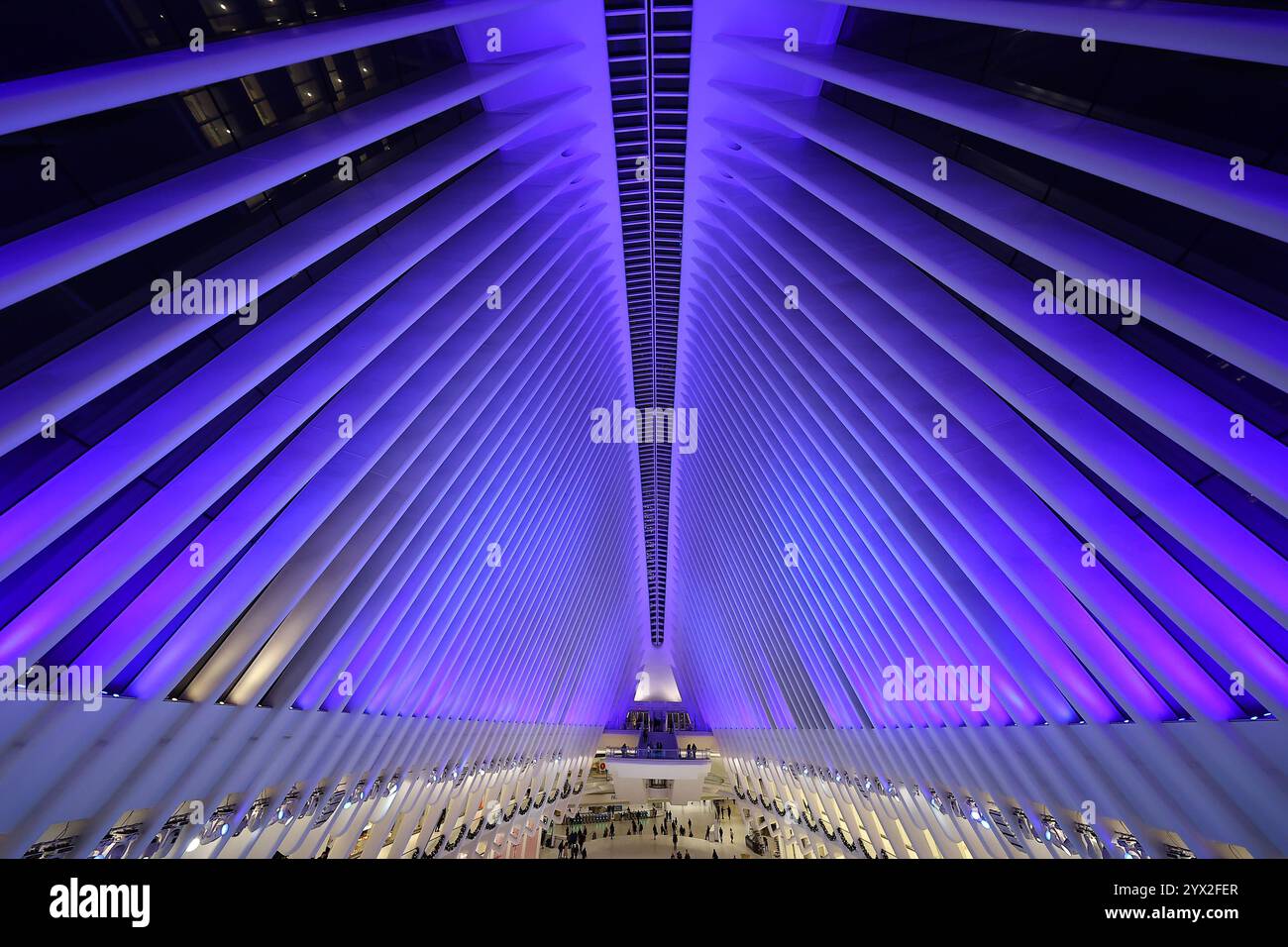 The colorful lights inside the Oculus Transportation Hub and mall at ...