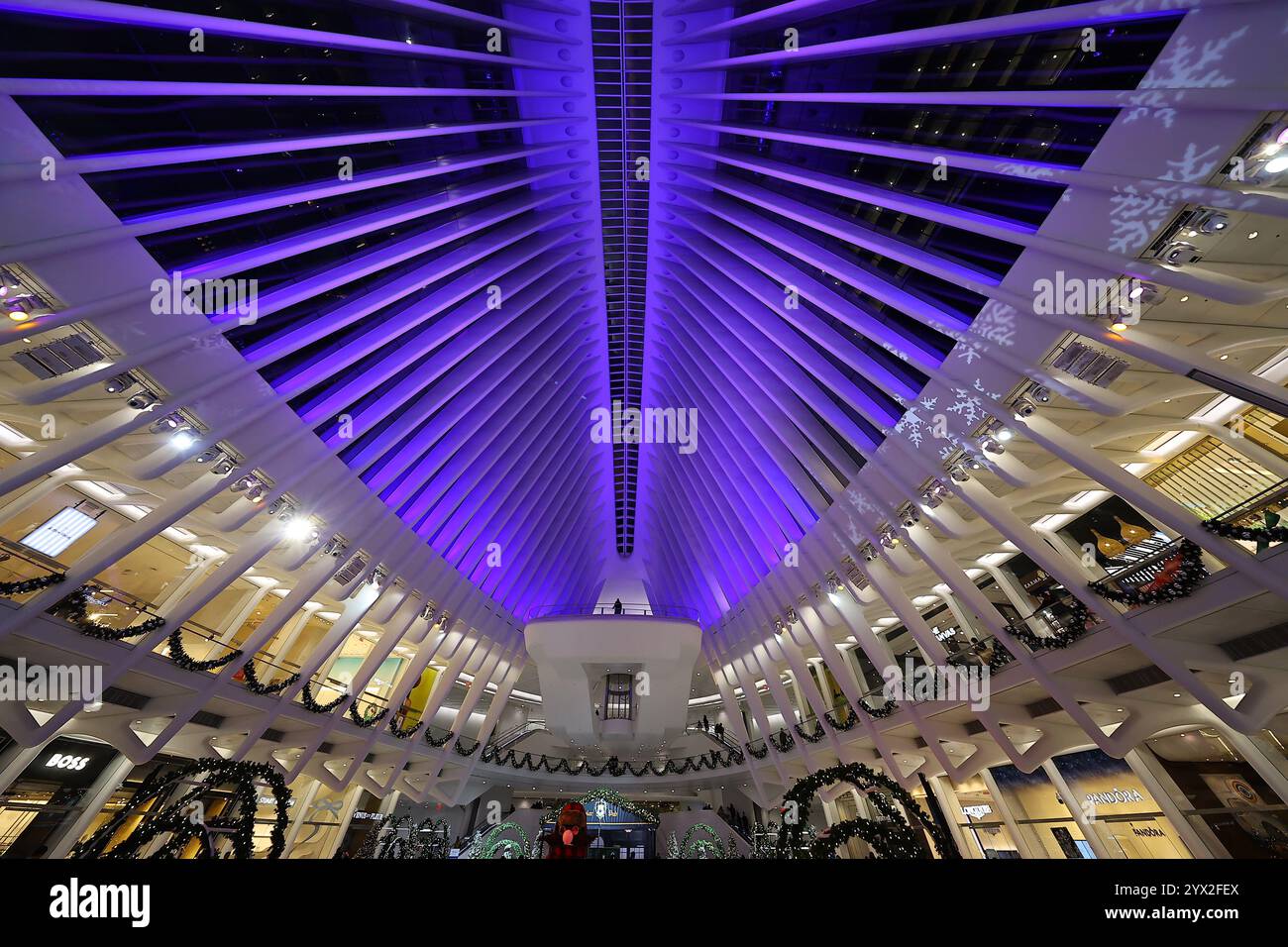 The colorful lights inside the Oculus Transportation Hub and mall at ...
