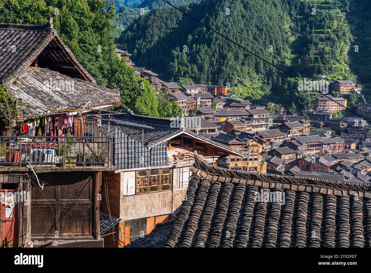 Aerial view of ancient remote village in Guizhou, China, background ...