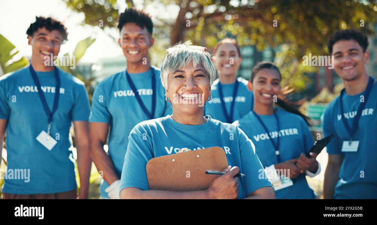 Charity, leadership and portrait of volunteer team outdoor in park for ...