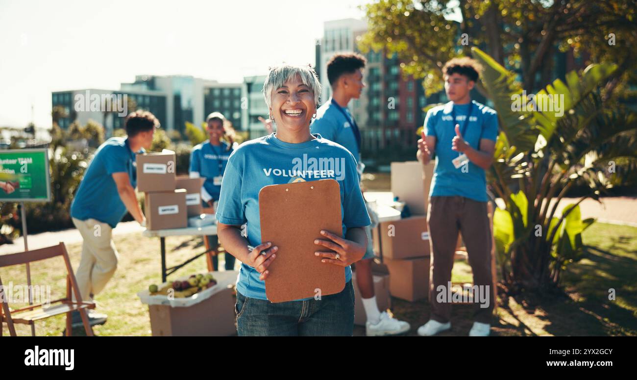 Portrait, volunteers and mature woman with clipboard, charity and ...