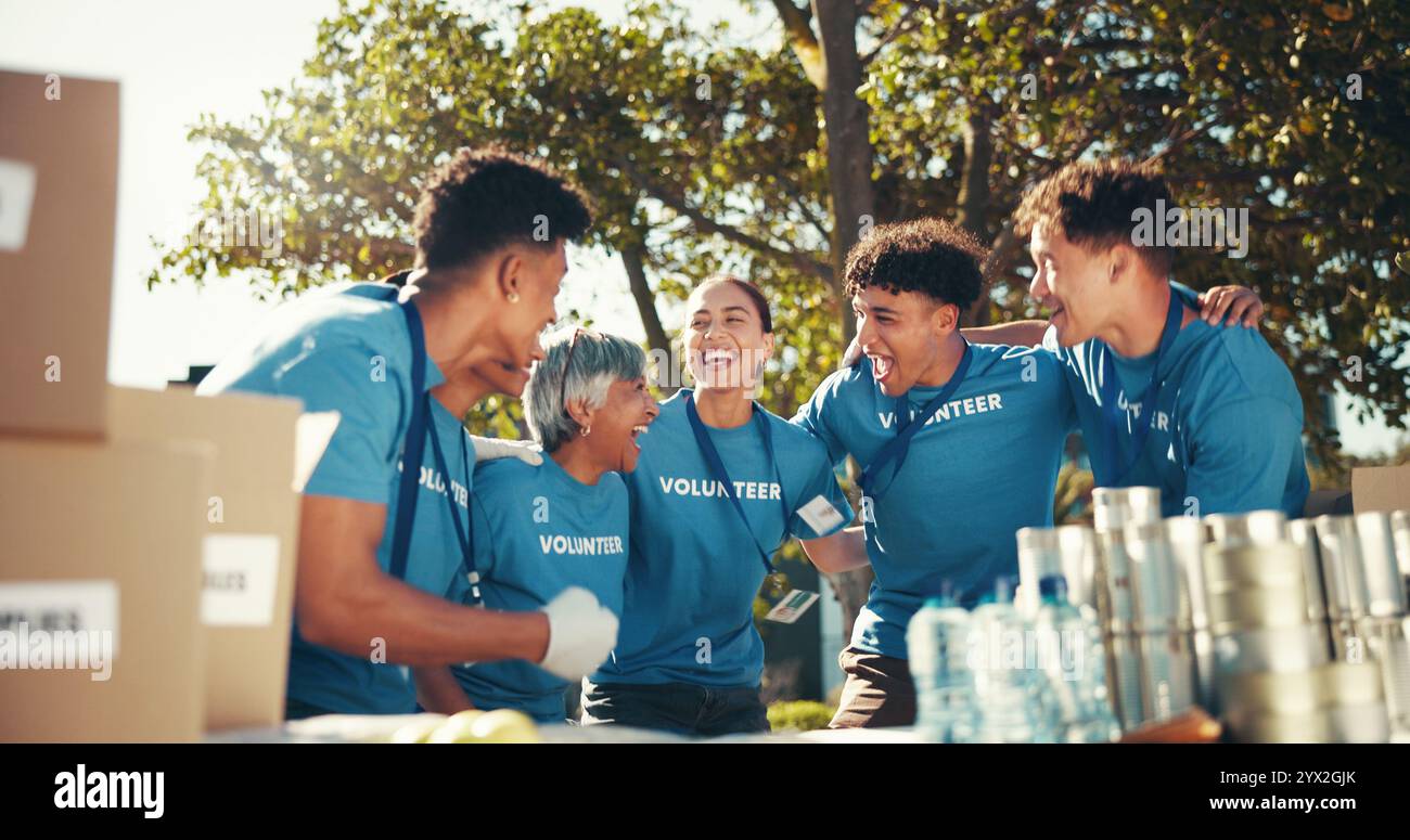 Charity, laughing and teamwork with volunteer group outdoor in park for ...