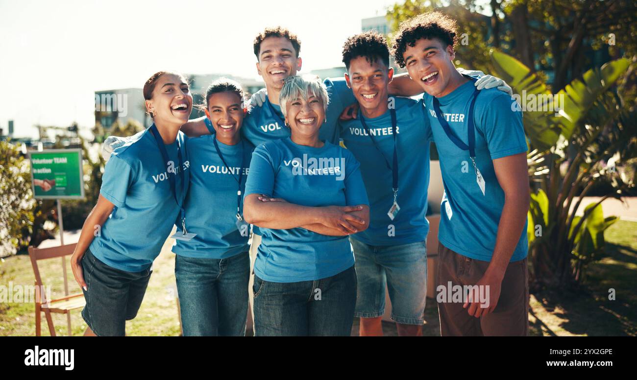 Portrait, happy and group of volunteers, ngo and kindness for charity ...