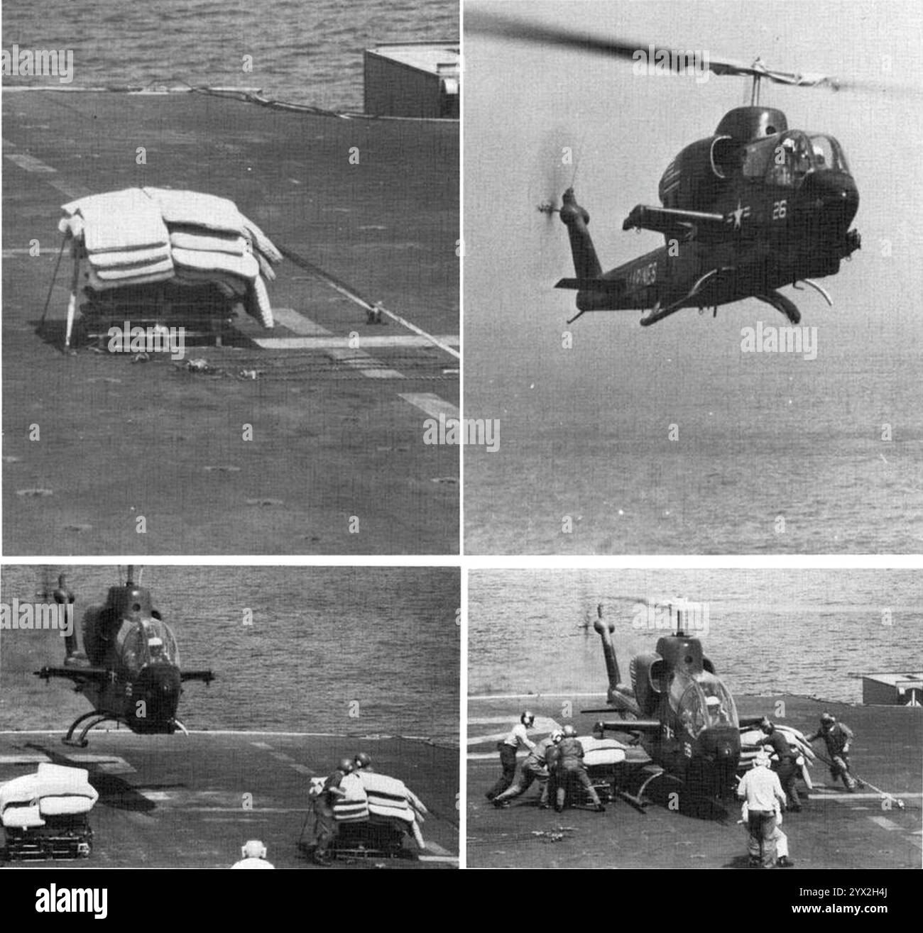 Damaged Bell AH-1J SeaCobra lands aboard USS Iwo Jima (LPH-2), in 1975 ...