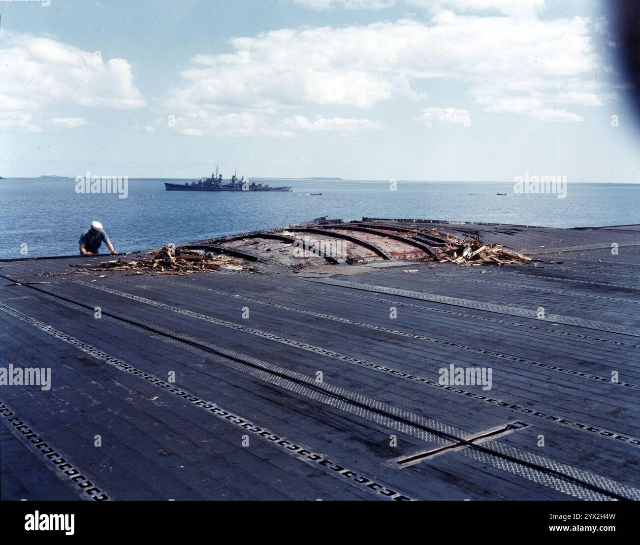 Damaged flight deck of USS Enterprise (CV-6) in August 1942 Stock Photo ...