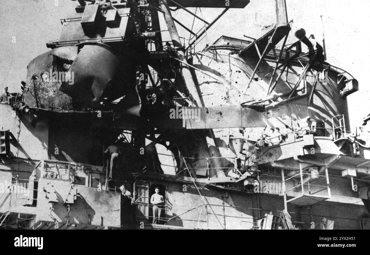 Damaged island aboard USS Ticonderoga (CV-14) after a hit by a Japanese ...