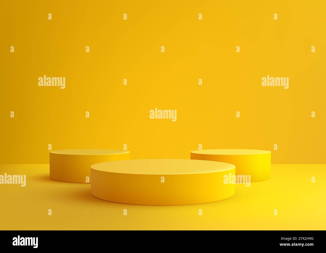 Minimalist scene featuring three 3D yellow cylindrical podiums set ...