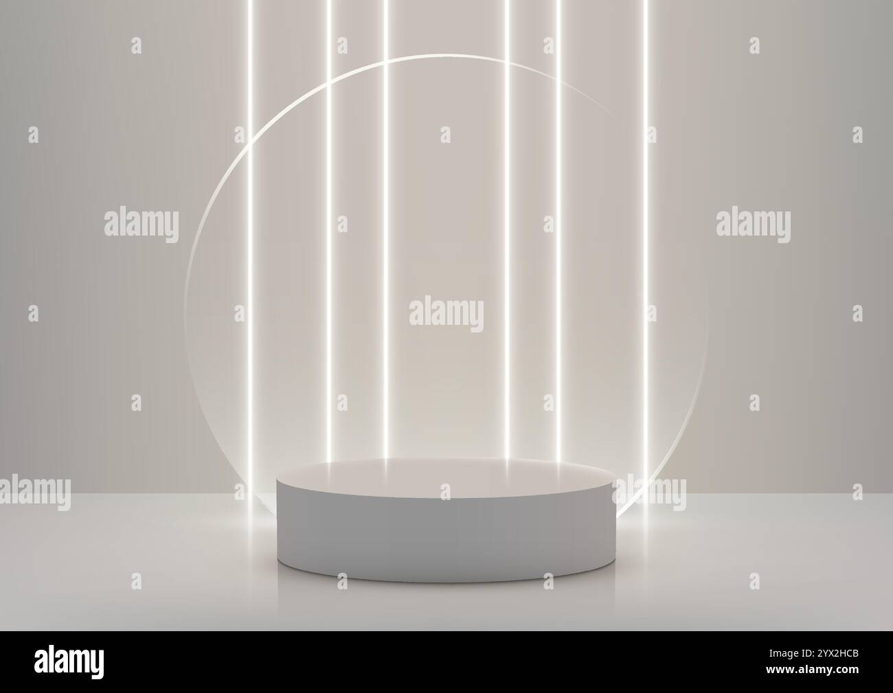 3D white podium on a reflective surface with glowing neon vertical ...