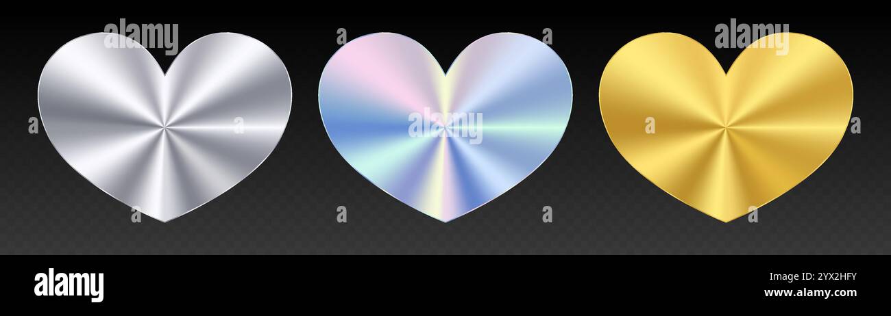 Heart stickers. Holographic, silver and golden heart labels with ...