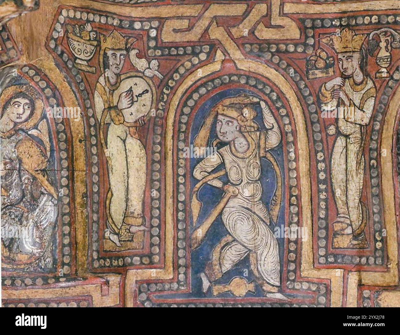 Dancer, frame-drum player, pipe player on Palatine Chapel ceiling Stock ...