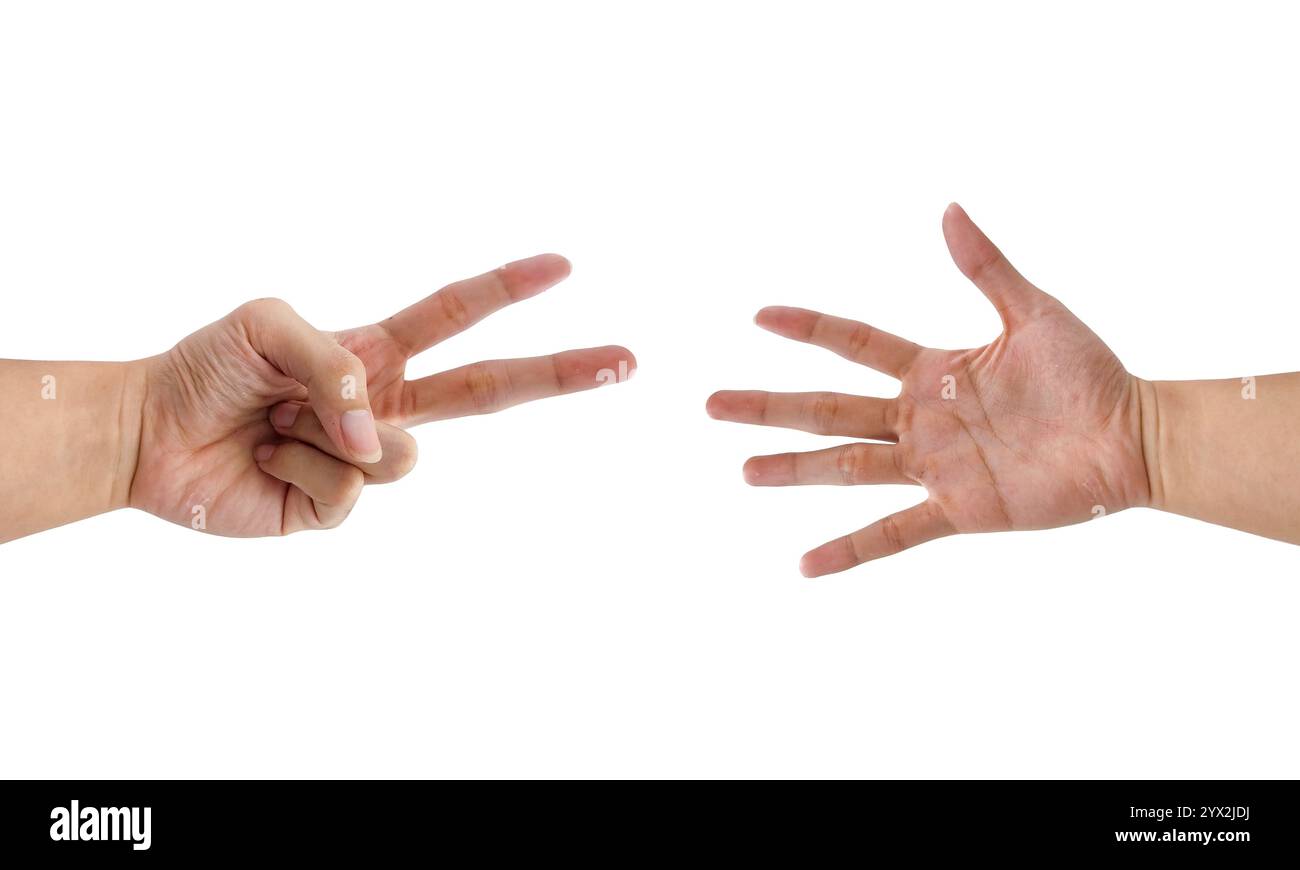 Scissor beats paper hand gesture isolated on white background Stock ...
