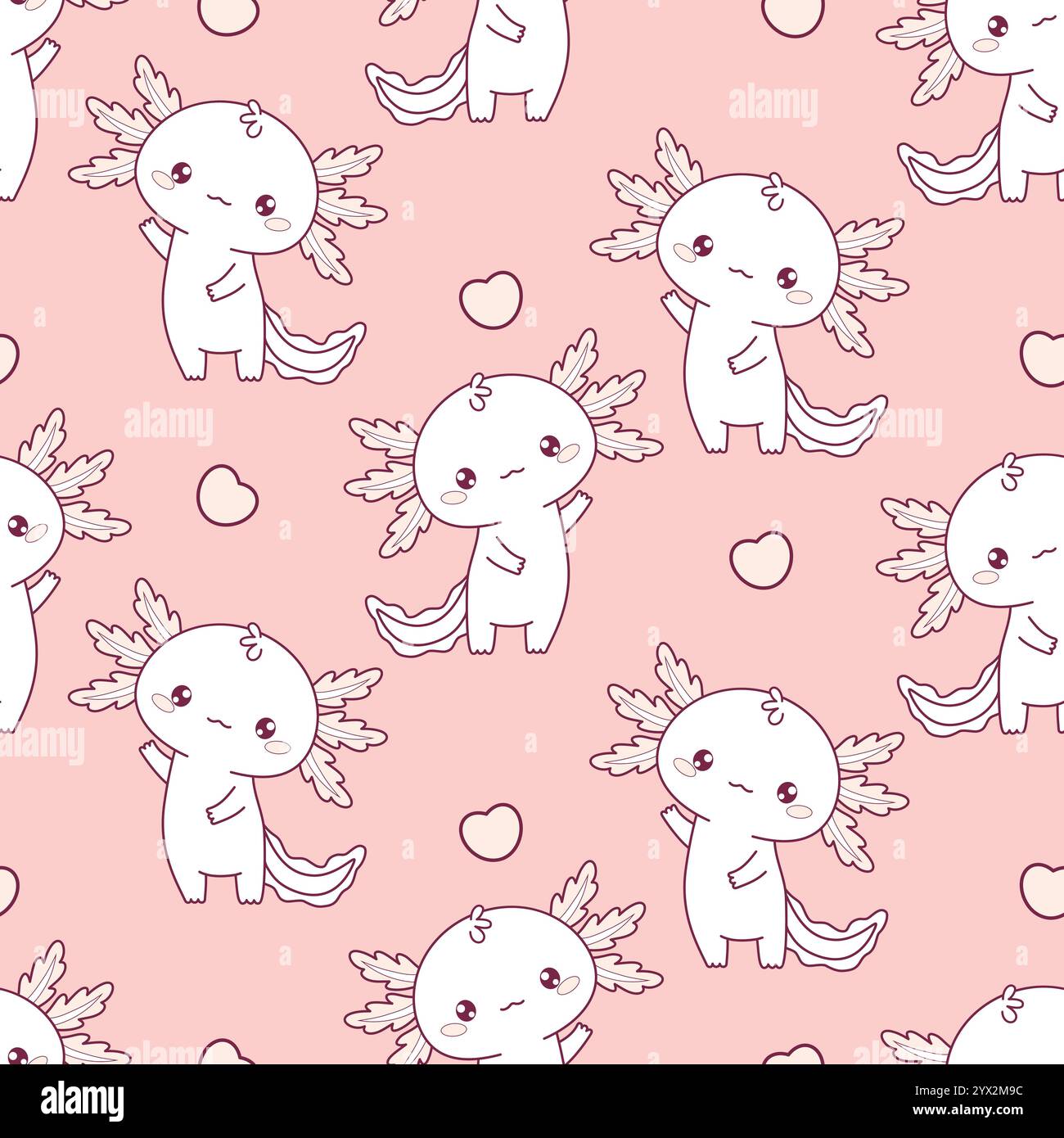 Romantic Seamless pattern cute little Axolotl with heart on pink ...