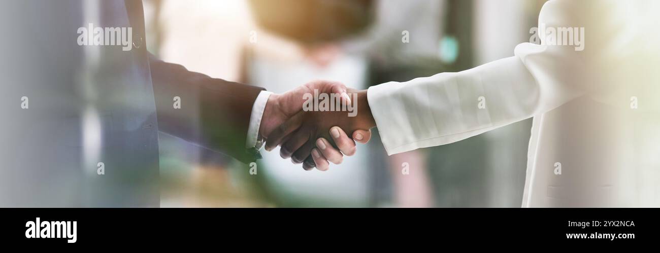 Handshake, banner and hands of business people in office for teamwork ...