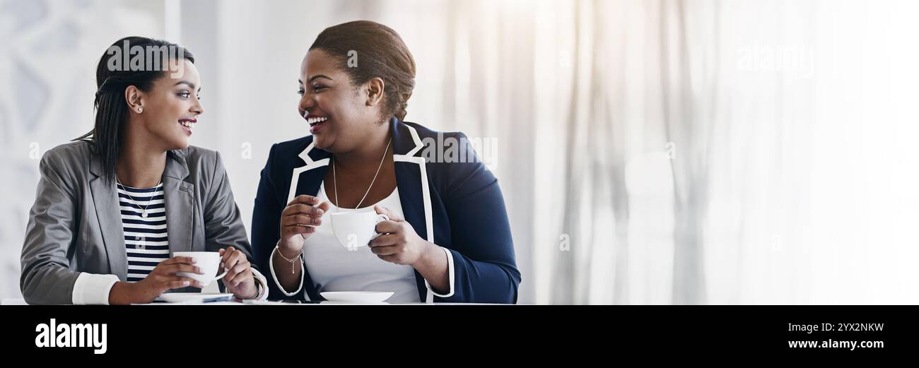 Coffee, discussion and business women in office for collaboration on ...