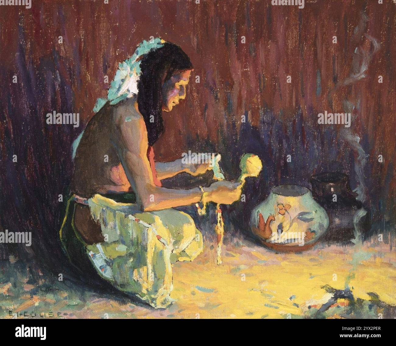 Indian Brave Kneeling before the Firelight by Eanger Irving Couse, 1921 ...