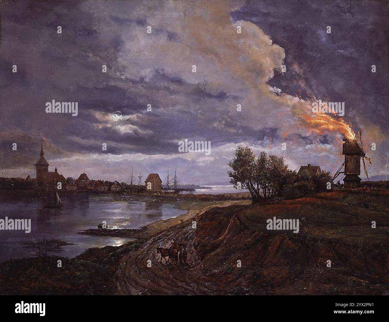 Johan Christian Dahl - Burning Windmill at Stege Stock Photo - Alamy
