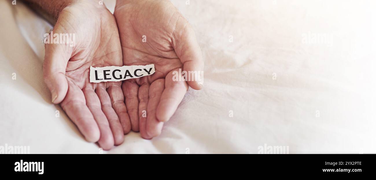 Hands, paper and legacy with message and old person for future, impact ...