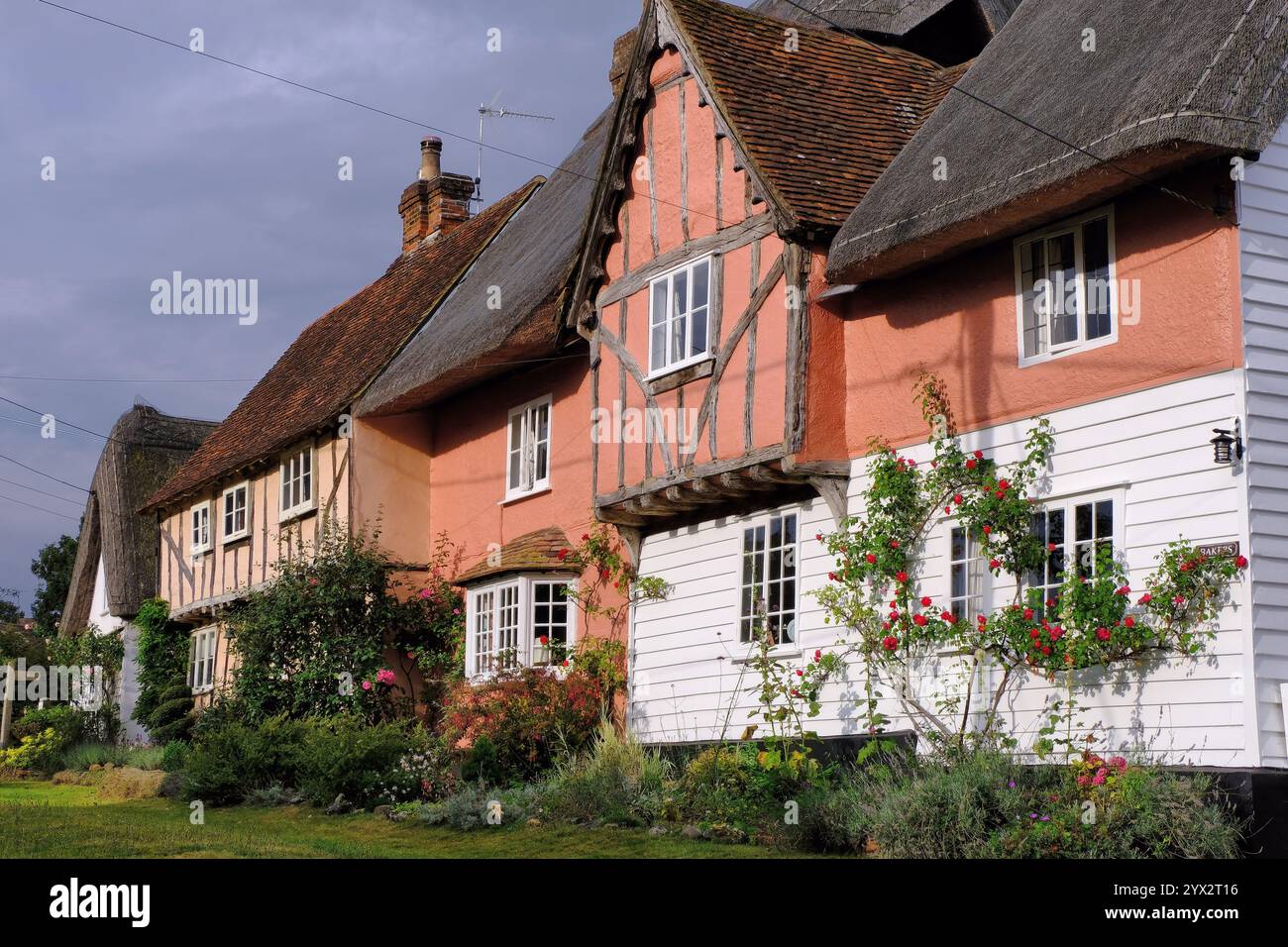 Pink half timbered, thatched roof cottages with gardens in Middle ...