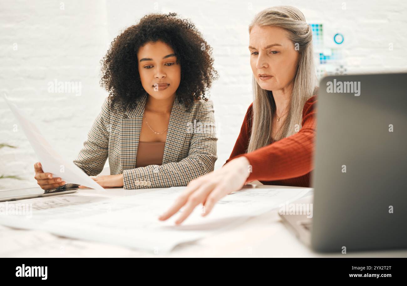 Business women, blueprint and illustration with collaboration and floor ...