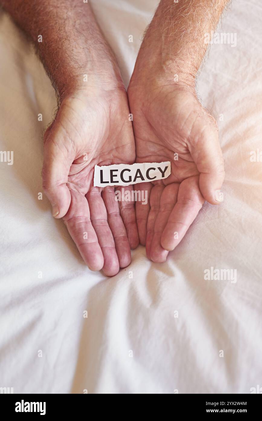 Hands, paper and legacy with words and old person for future, impact ...