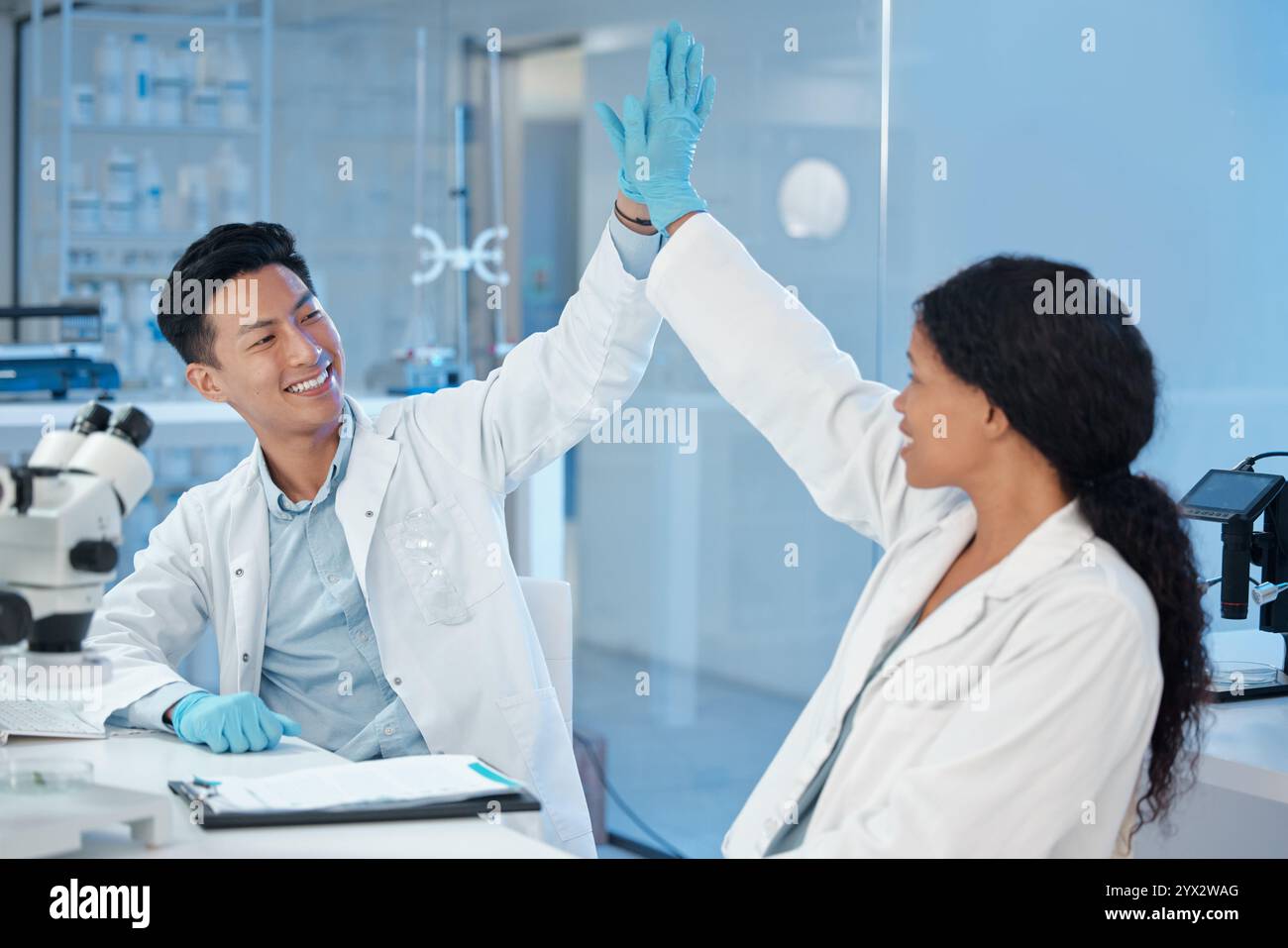 People, scientist and happy with high five at laboratory for science ...