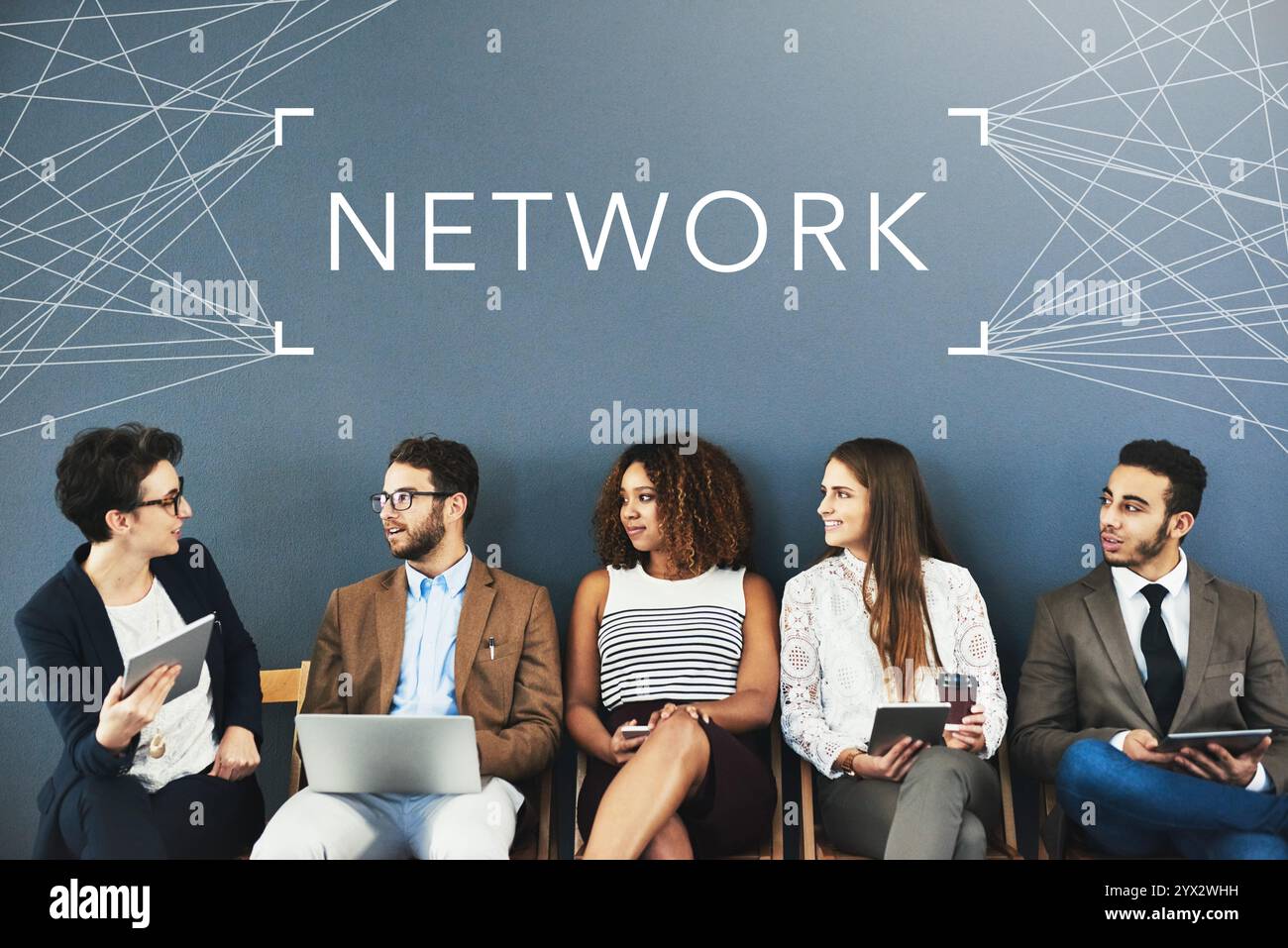 Business people, network and waiting room with tech, ux designer and ...