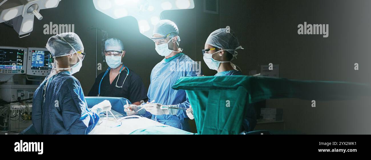 Doctors, nurses and patient for surgery, collaboration and support for healthcare. Dark ...