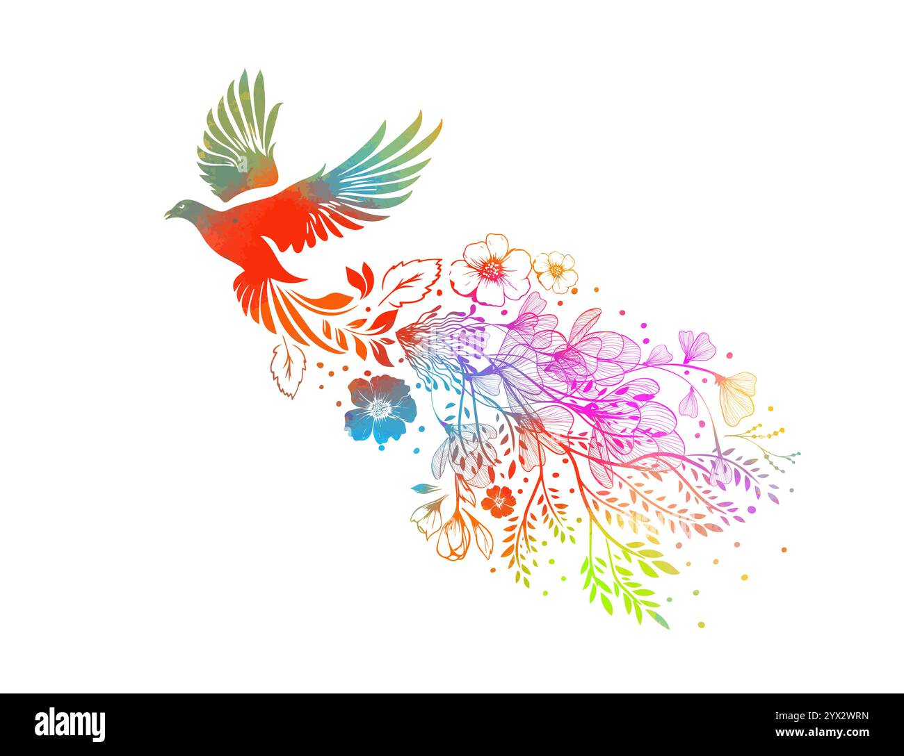 Dove. Abstract bird of peace flies with flowers. hand drawing. Not AI ...