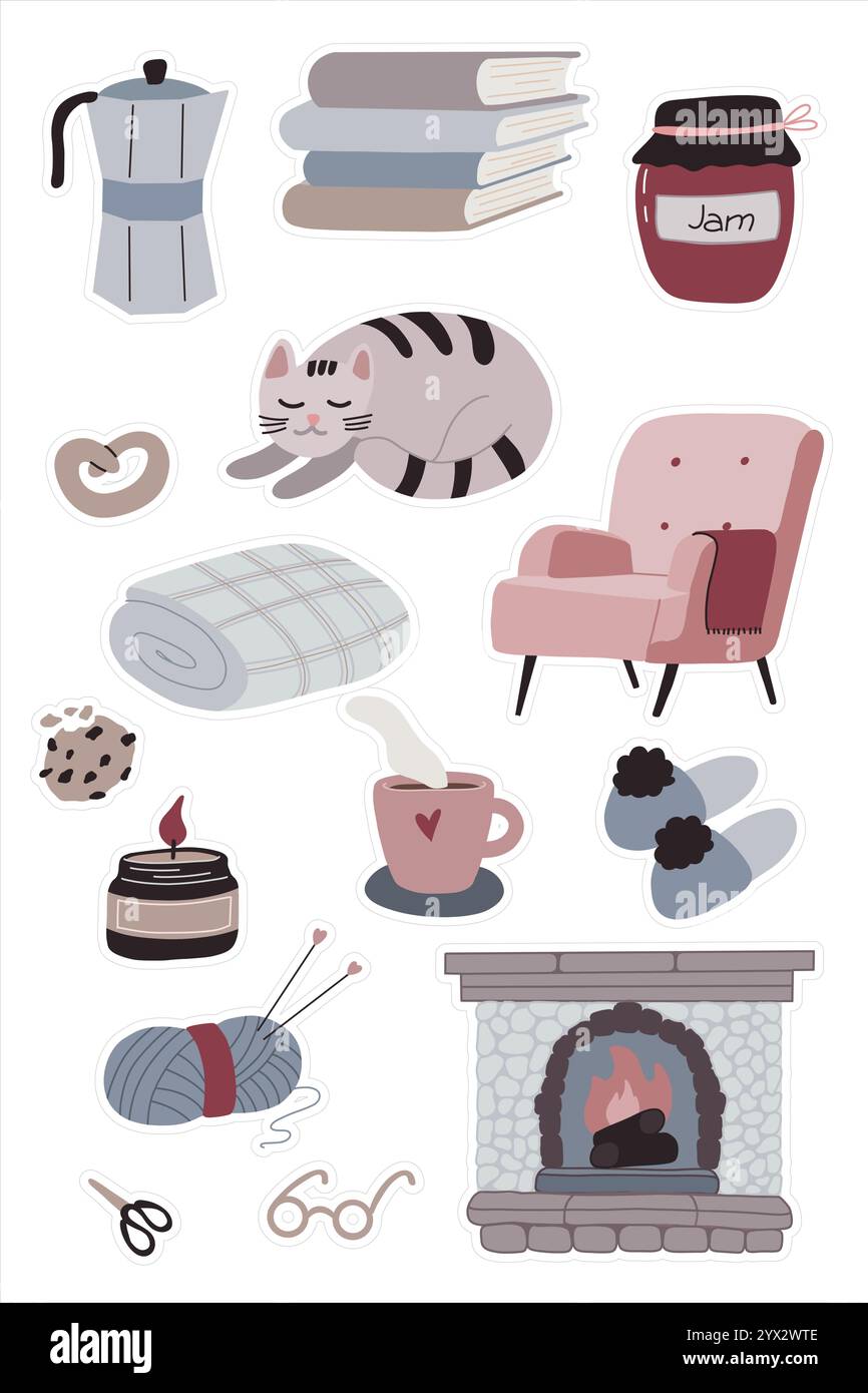 Cozy Winter Home Stickers Set with Cat, Fireplace, Books, Yarn, and ...