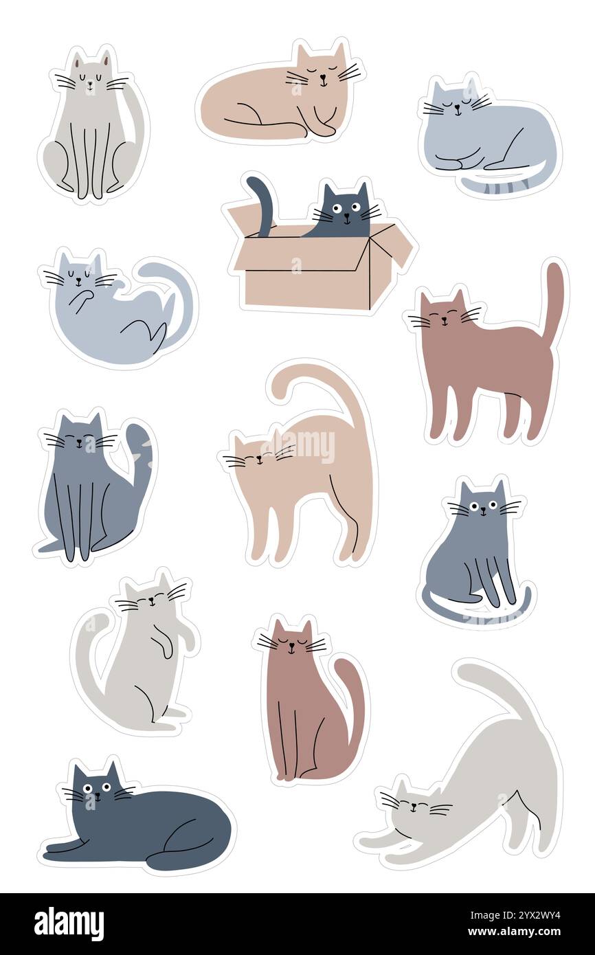 Minimalist Cat Stickers Set with Cute Cartoon Cats for Scrapbooking ...