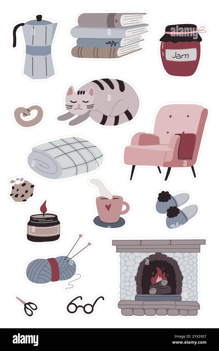 Cozy Winter Home Stickers Set with Cat, Fireplace, Books, Yarn, and ...