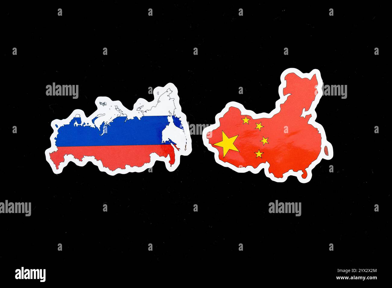 Maps of Russia and China with national flags colors. Political alliance ...
