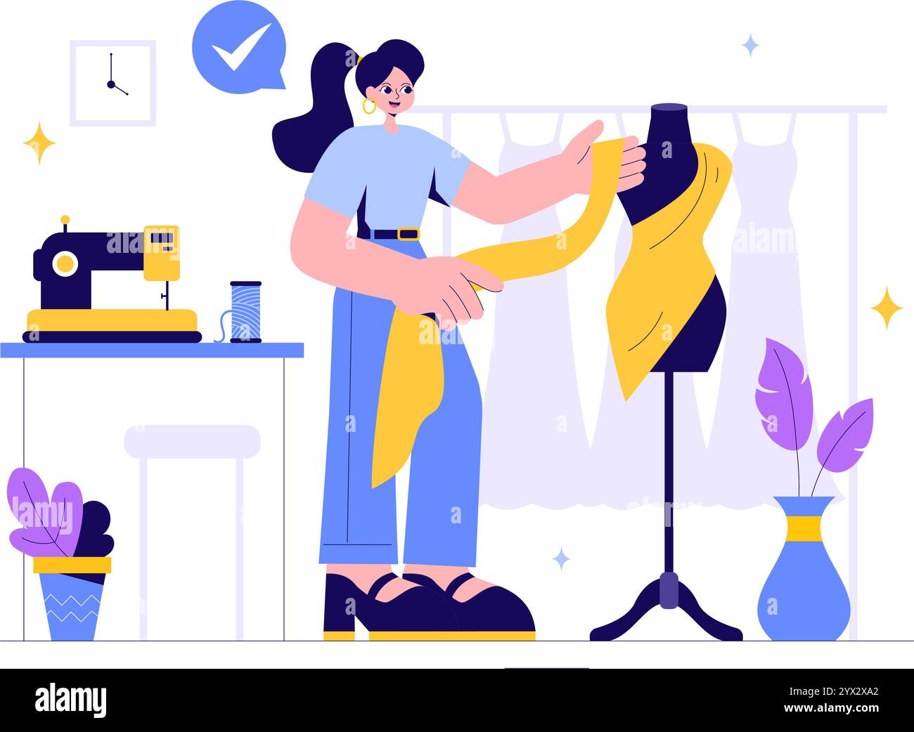Seamstress Vector Illustration Featuring a Fashion Designer Sewing ...