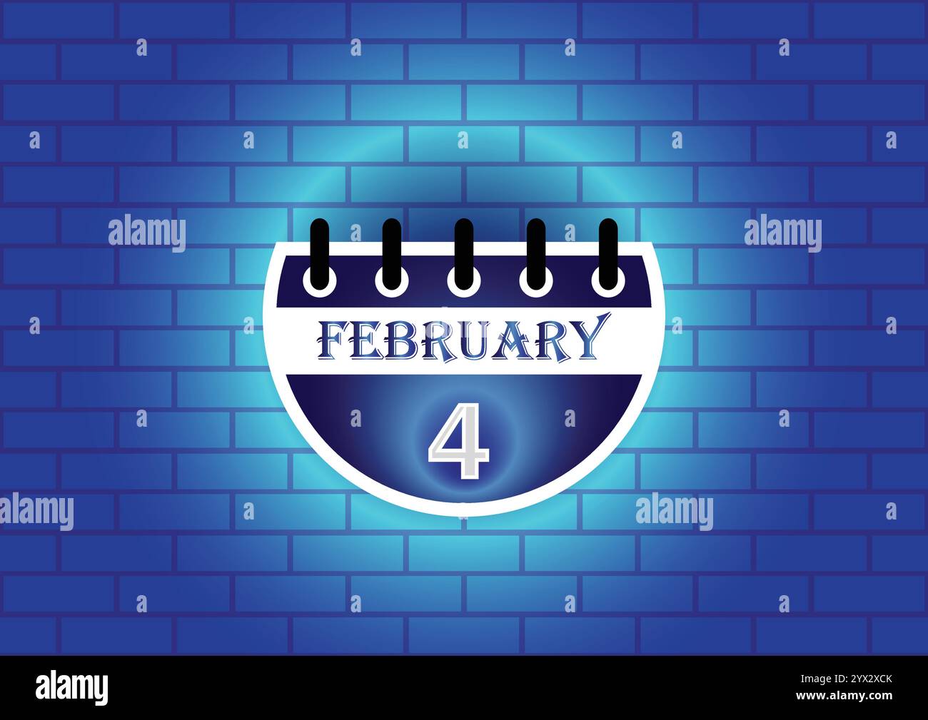 February 4 calendar sign on blue neon brick wall background. Flat ...