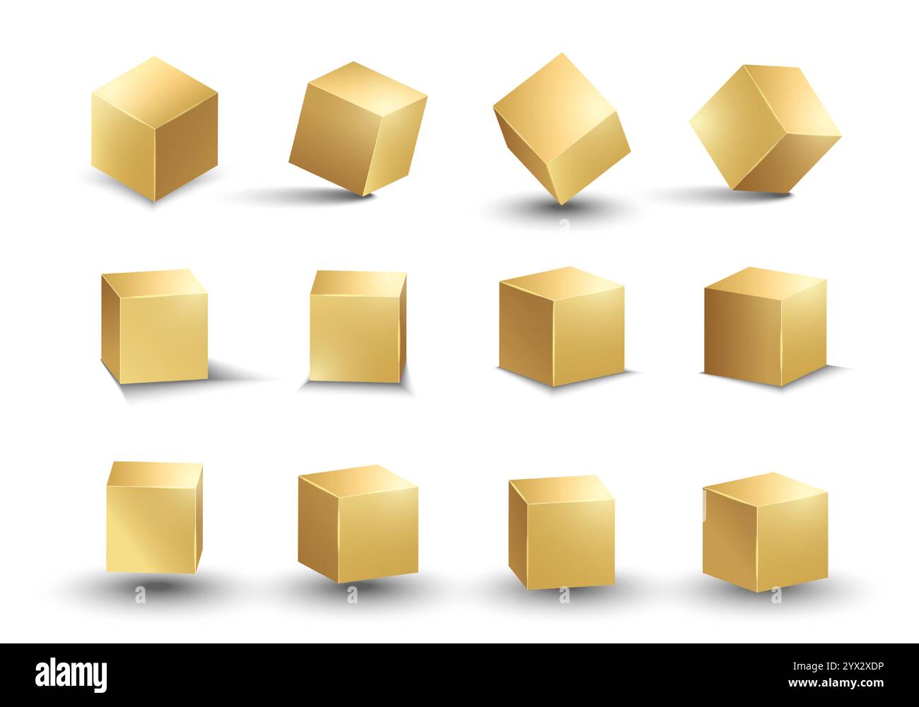 3d gold metallic cube. Realistic vector geometric shape. Golden glossy ...