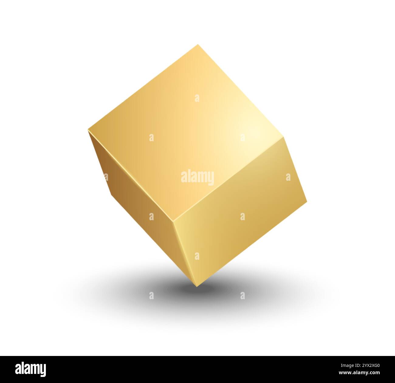 3d Gold Metallic Cube Realistic Vector Geometric Shape Golden Glossy Box With Shadow Stock