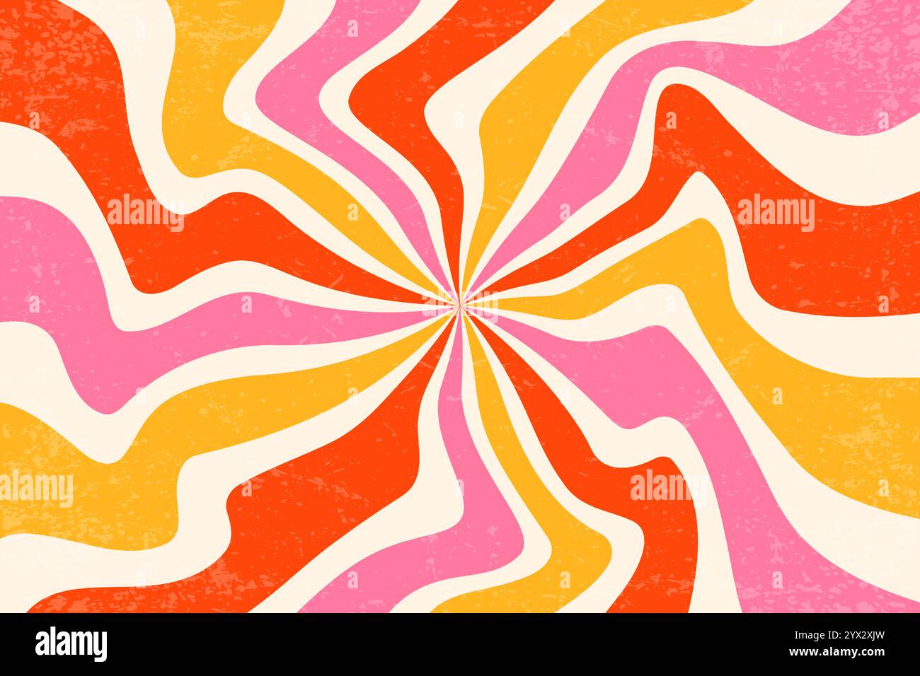 Retro groovy spiral background. Vector swirl sunburst pattern with grainy texture. Wavy radial ...