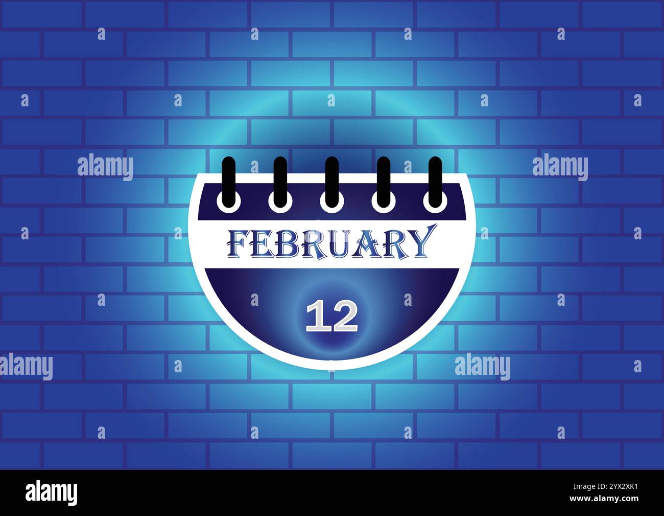 February 12 calendar sign on blue neon brick wall background. Flat ...