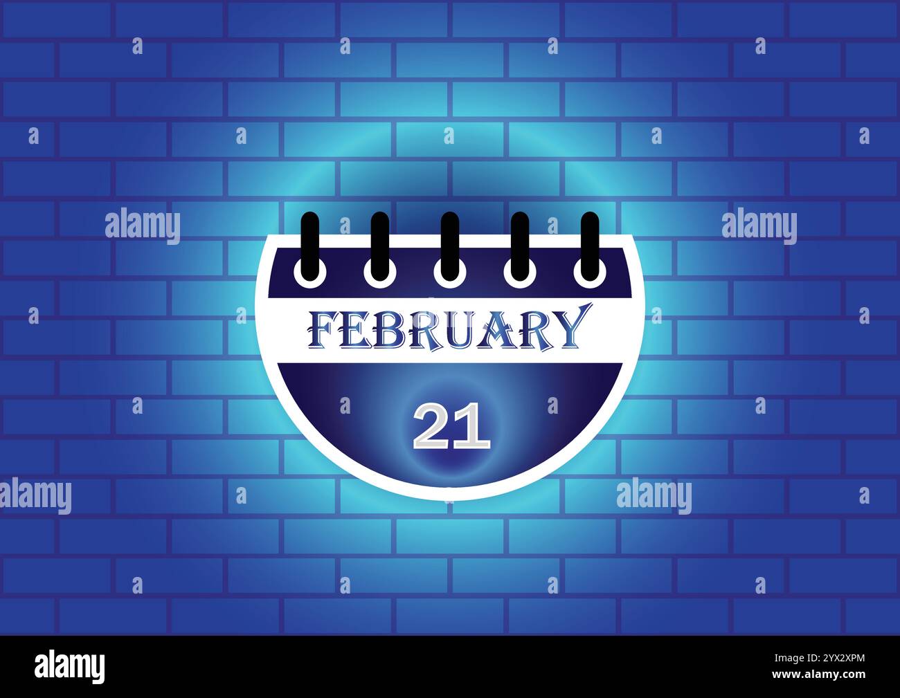 February 21 calendar sign on blue neon brick wall background. Flat ...