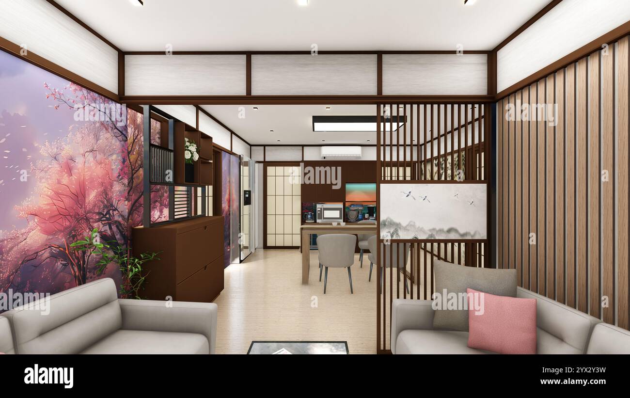 Interior Design of a Japanese style living room with woodwork and false ...