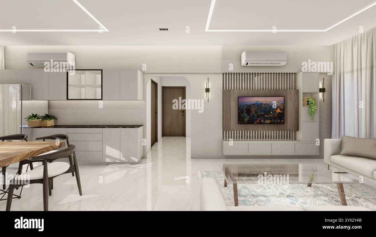 Interior design of a living room with false ceiling and lighting 3d ...